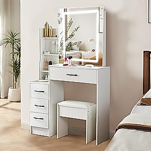 Vanity Desk with LED Light in 3 Colors, Modern Vanity Table with 4 Drawers and 7 Shelves, 3 Lighting Modes Dressing Table with Chair and Sliding Mirror for Bedroom