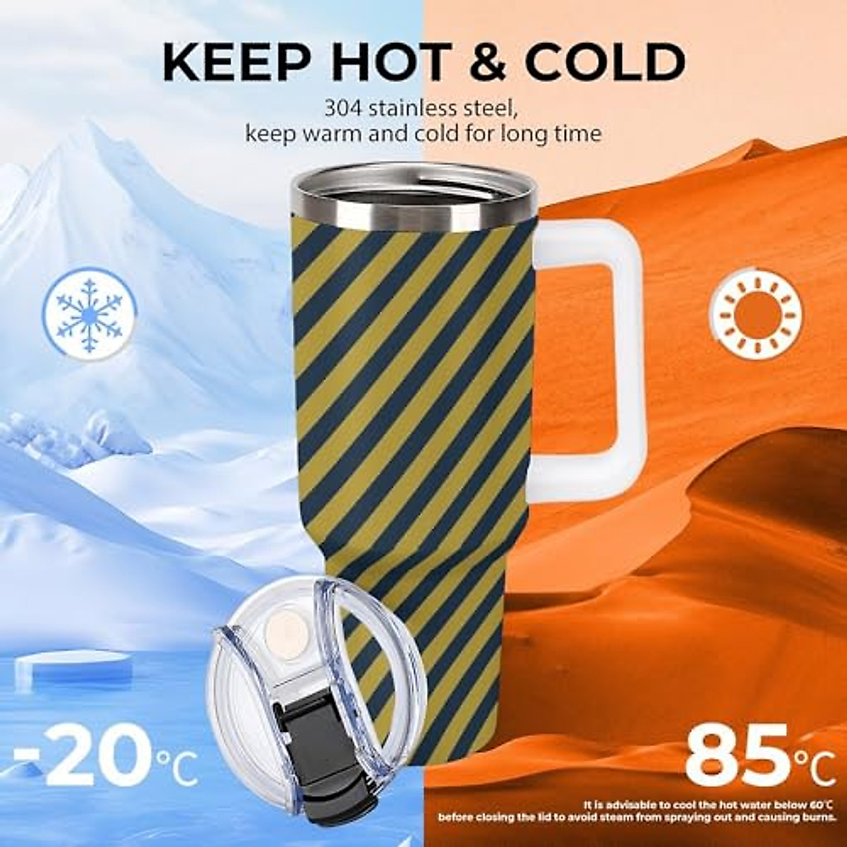 Blue And Yellow Stripes 40oz Water Bottle Double Wall Insulated Tumbler with Handle Leakproof Travel Mug White-style