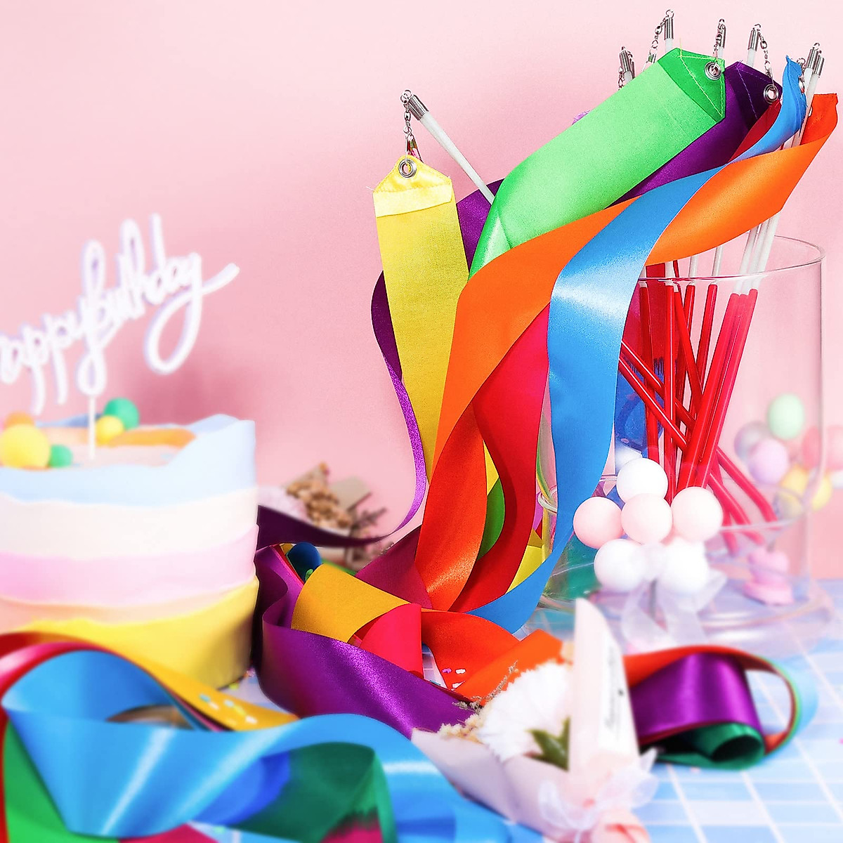 HiUnicorn 12PCS Rainbow Dance Wands Ribbon Streamers for Kids Gymnastics Rhythmic Dancing Twirling Sticks Silks Wands for Girls Circus Carnival Birthday Party Favors Rewards Gift