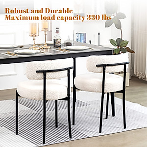 DYHOME Dining Chairs Set of 4, White Modern Upholstered Kitchen Dining Room Chairs, Boucle Dining Chairs Curved Backrest, Mid Century Kitchen Chairs with Black Metal Legs
