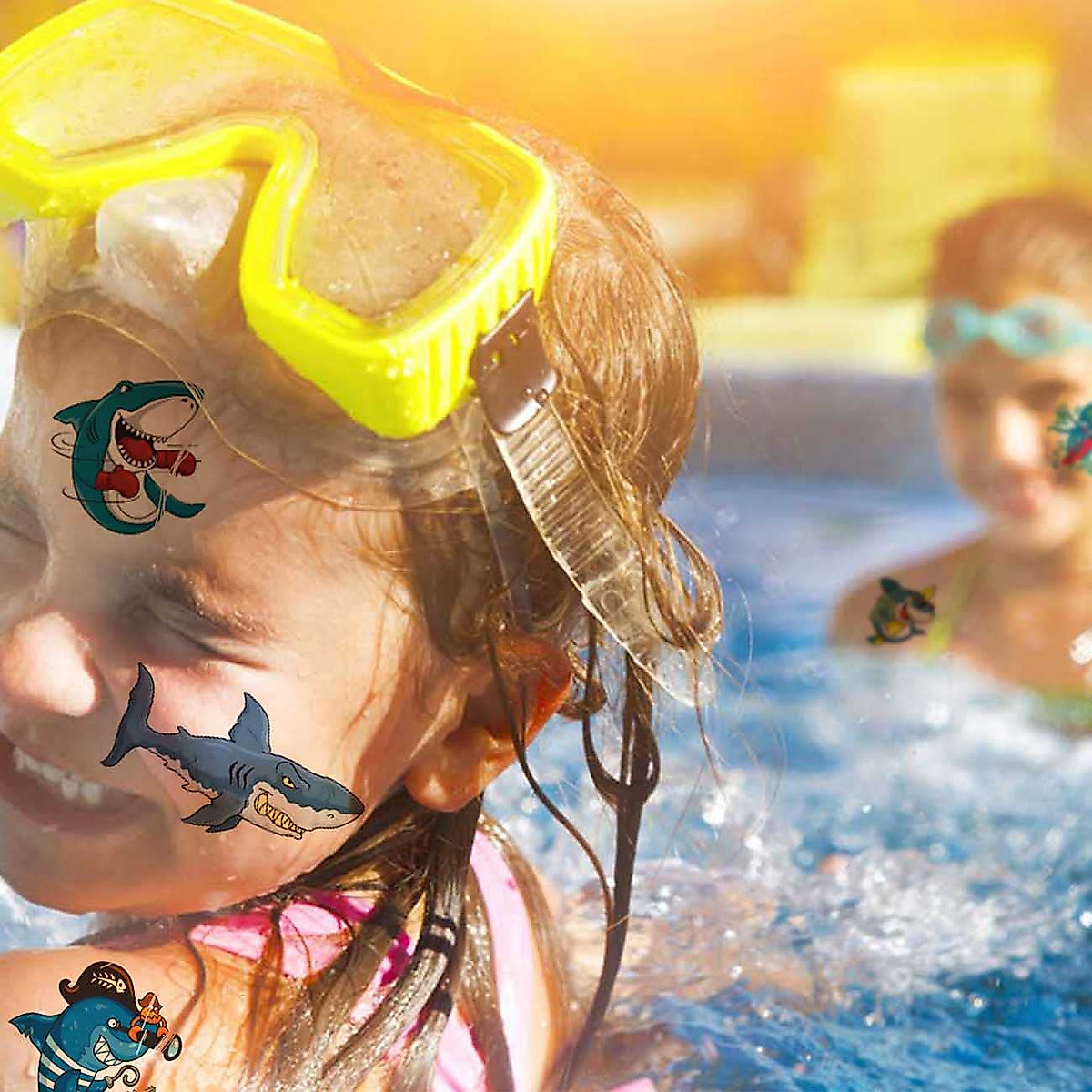CHARLENT Summer Shark Tattoos for Kids - 14 Sheets Shark Pool Party Temporary Tattoos for Boys Birthday Party Favors Goodie Bag Fillers