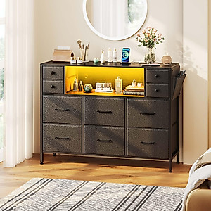Rolanstar Dresser with Power Outlets and LED Lights, 10 Drawers Dresser with Side Pocket, Fabric Chest of Drawers with PU Finish, TV Stand with Wood Top for up to 55inch TV, Black,XL