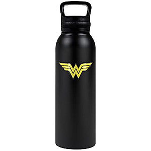 Dco - Logo OFFICIAL Wonder Woman Logo 24 oz Insulated Canteen Water Bottle, Leak Resistant, Vacuum Insulated Stainless Steel with Loop Cap, Black