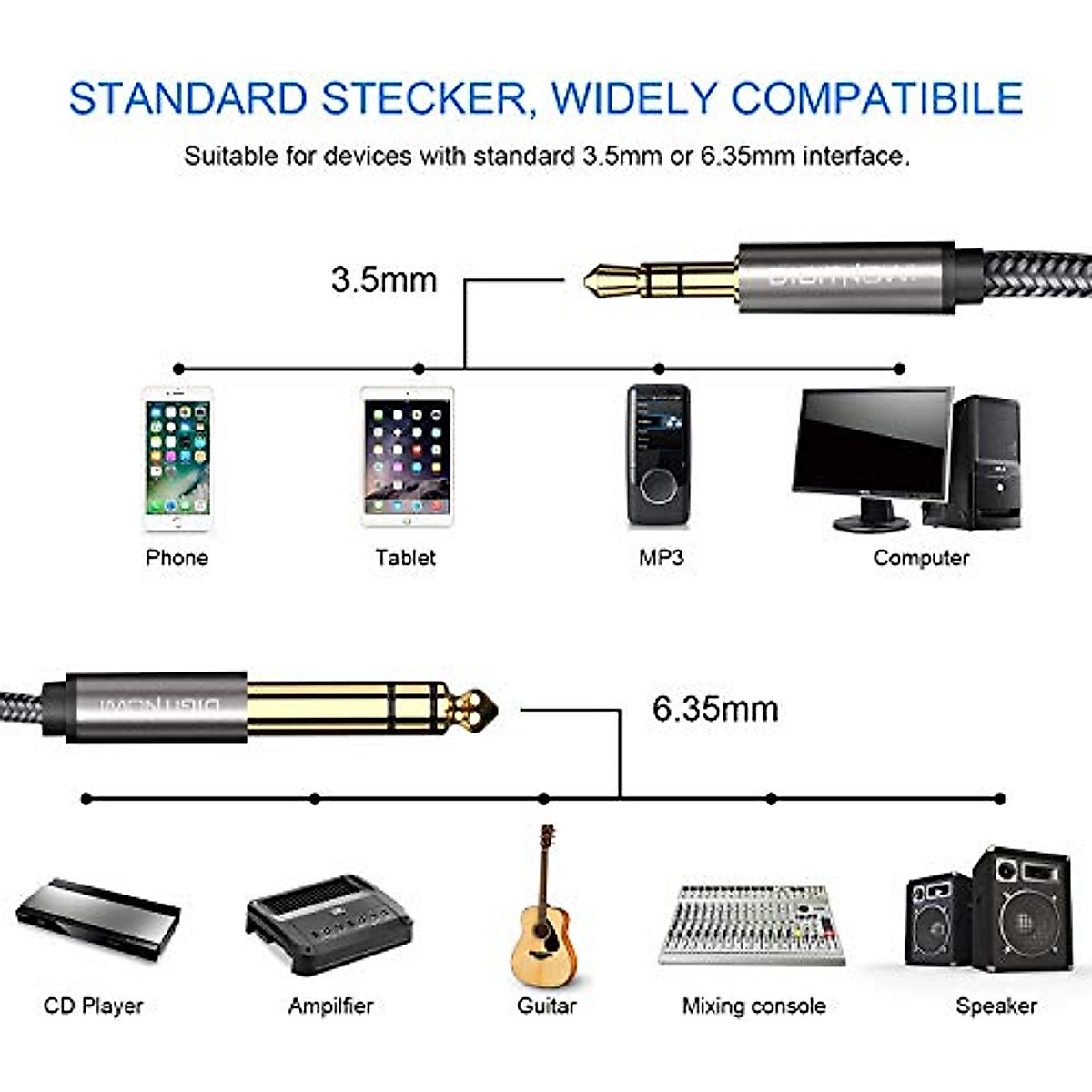 6.35mm 1/4" to 3.5mm 1/8" Male TRS Stereo Audio Cable with Alloy Housing and Nylon Braid for Smartphone, PC, Home Theater, Amplifier and Mixing Console, 3.3Ft