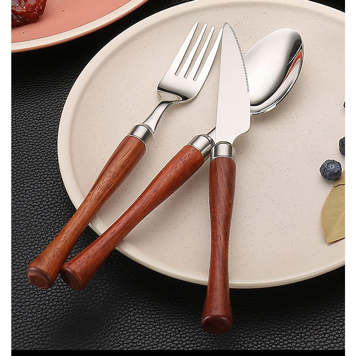 Wooden Silverware Set for 6 ，Retro 30 Pieces Stainless Steel Cutlery Flatware Cutlery Set for Gatherings Wedding Christmas Party Halloween Kitchen Mirror Polished - Pear Wooden Handle