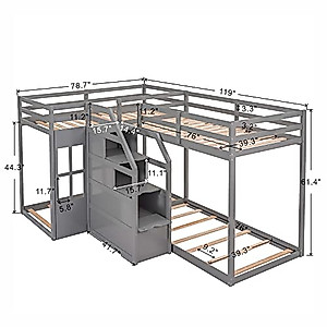 Merax Twin Over Twin L-Shaped Bunk Bed with Built-in Middle Staircase, Twin Size Wooden Bunk Bed for Teen, Grey