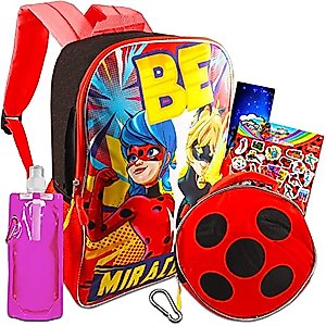 Zagtoon Miraculous Ladybug Backpack and Lunch Box School Set - Bundle with 16inch Miraculous Ladybug Backpack, Insulated Lunch Bag, Water Bottle, and More (Miraculous Ladybug School Supplies)