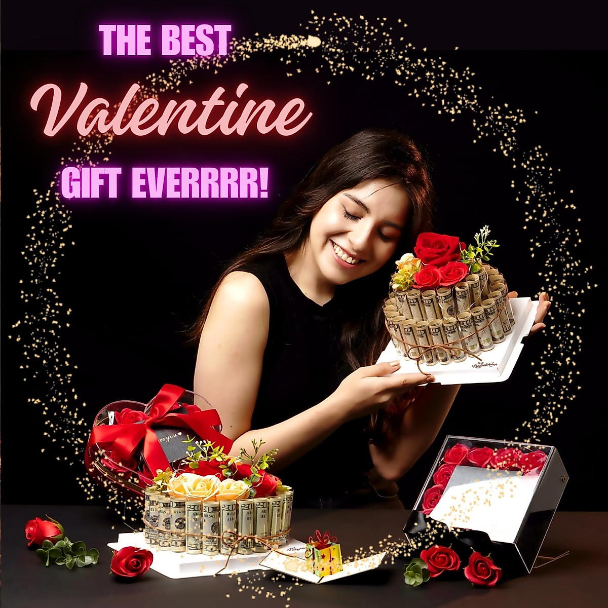 Ribbonbonbox Money Pull Out Gift Box – Luxury Flower Box wt Cash Box Insert – Unique Gift for Wife, Girlfriend, Mother, Friend – Surprise Box for Birthday, Thanksgiving, Christmas - Pranks for Adults