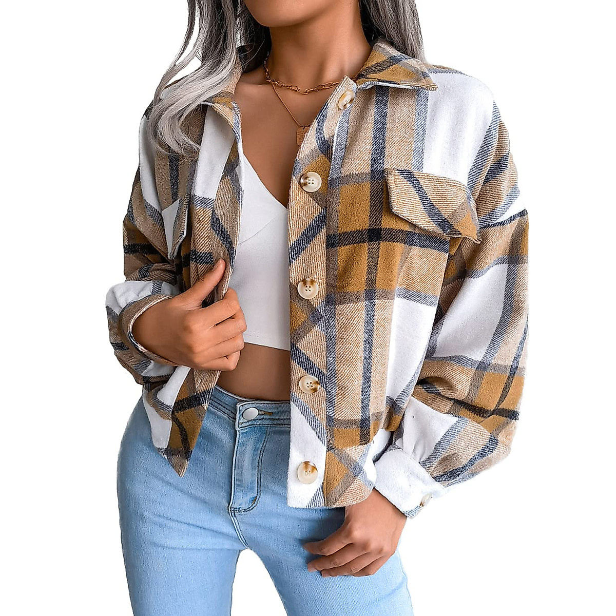 Womens Casual Plaid Shacket Long Sleeve Wool Blend Button Down Shirt Jacket Tops(Khaki,M)
