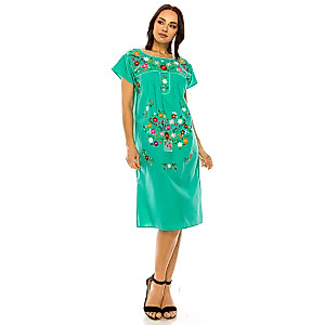 unik Embroidered Traditional Mexican Midi Dress (Mint, 2XL)