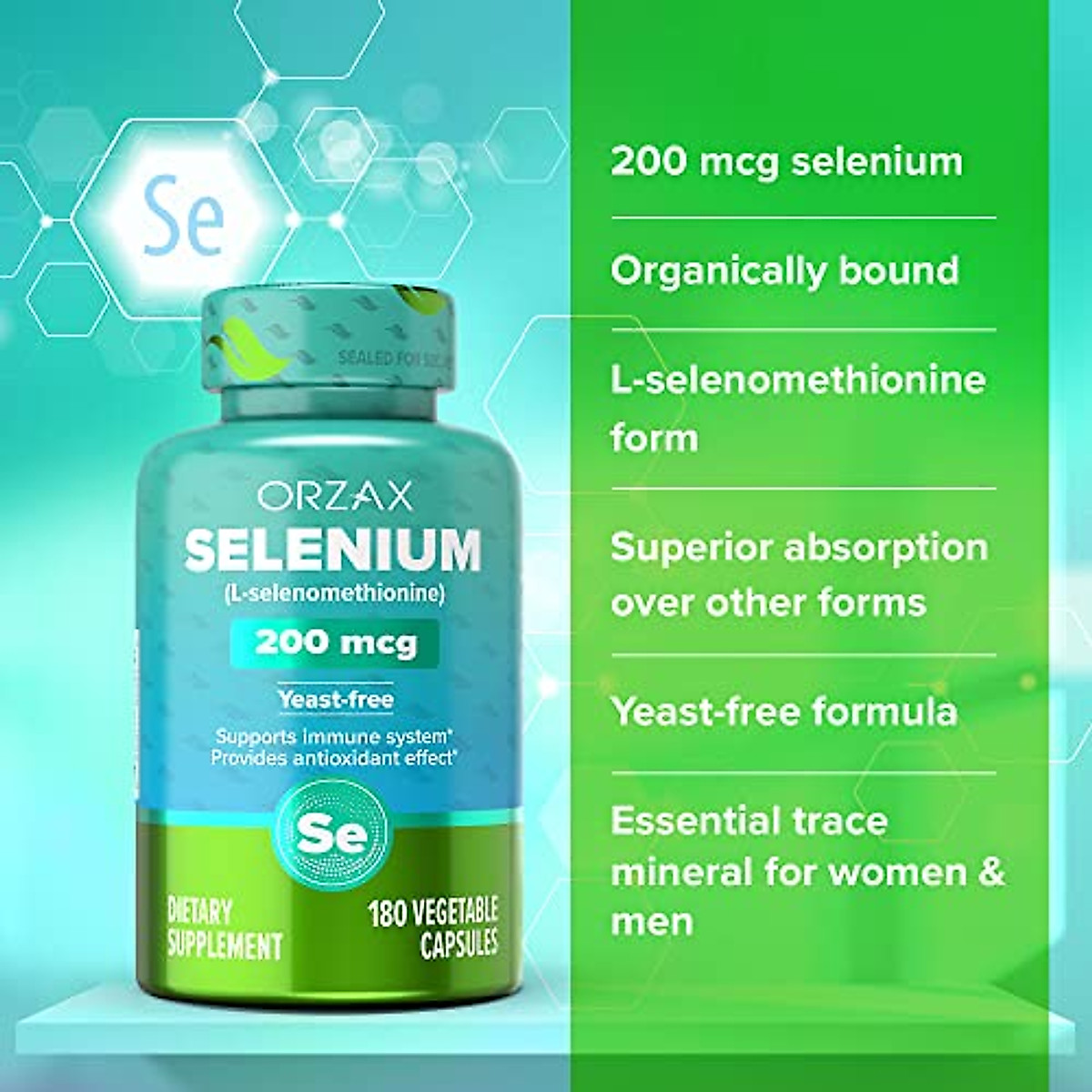 ORZAX Selenium, Helps Antioxidant & Immune Support System, Selenomethionine 200mcg, Thyroid Support* for Women and Men, Yeast and Dairy Free, 180 Vegetable Capsules (180 Day Supply)