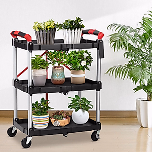 Portable Folding Service Cart,PioneerWorks 3 Tier Collapsible Push Cart,56 lbs Load Capacity/Shelf.Lockable Wheels,Ideal Rolling Tool Storage Organizer for Garage,Workshop & Industrial Use.