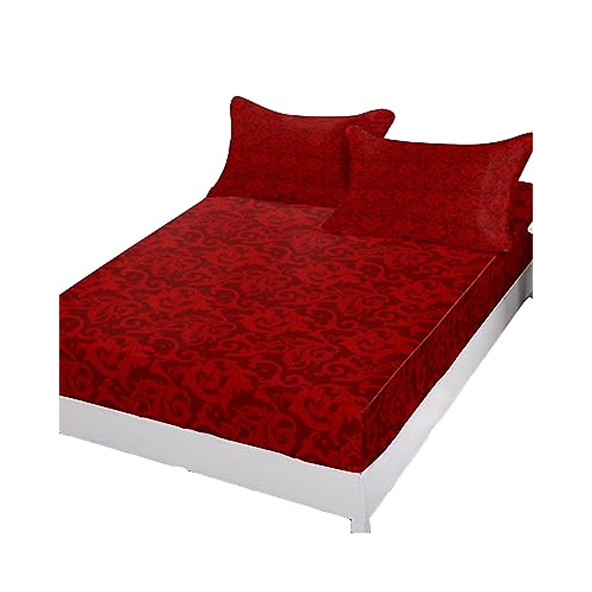 Full Size Fitted Sheet Bed Set Merry Christmas Leaves on Red Deep Pocket Soft Bottom Sheets&Pillowcases for Bedroom Decor Abstract Foliage Texture,Fits Mattress Up to 16" Deep