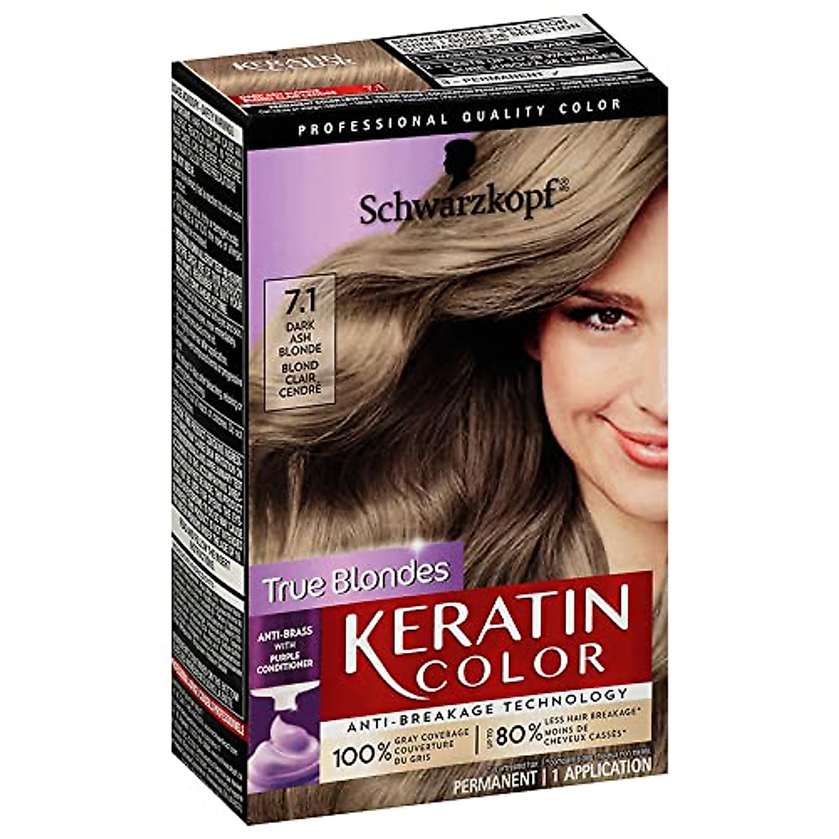 Schwarzkopf Keratin Color Permanent Hair Color Cream 7.1 Dark Ash Blonde, 1 Kit