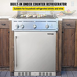 VEVOR 24" Undercounter, 5.3 cu.ft. Compact Stainless Steel， Built-in Beverage Refrigerator,Mini Beer Fridge for Home Bar Office Outdoor, Silver