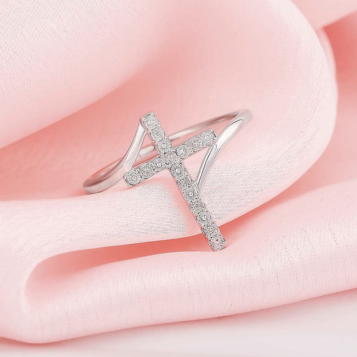 Cali Trove, Diamond Cross Ring for Women in 925 Sterling Silver, Women's Vertical Cross Ring with Bypass Band and Accented with Round White Diamonds, Silver Religious Ring