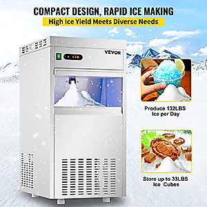 VEVOR 110V Commercial Snowflake Ice Maker 132LBS/24H, ETL Approved Food Grade Stainless Steel Flake Ice Machine Freestanding Flake Ice Maker for Seafood Restaurant, Water Filter and Spoon Included