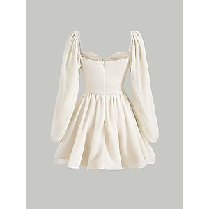 Verdusa Women's Long Sleeve Sweetheart Neck Lantern Sleeve Ruched Bust Ruffle Trim Mini Dress White XS