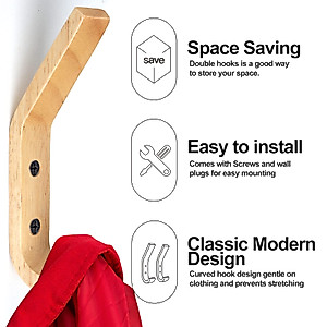 HNYYZL Wooden Wall Hooks, 6 Pack Wood Hooks Wall Mounted, Modern Coat Hooks, Heavy Duty Double Hooks with Metal Black Screws, Wood Wall Hooks Organizer for Hanging Coat, Hat, Scarf, Bag, Towel