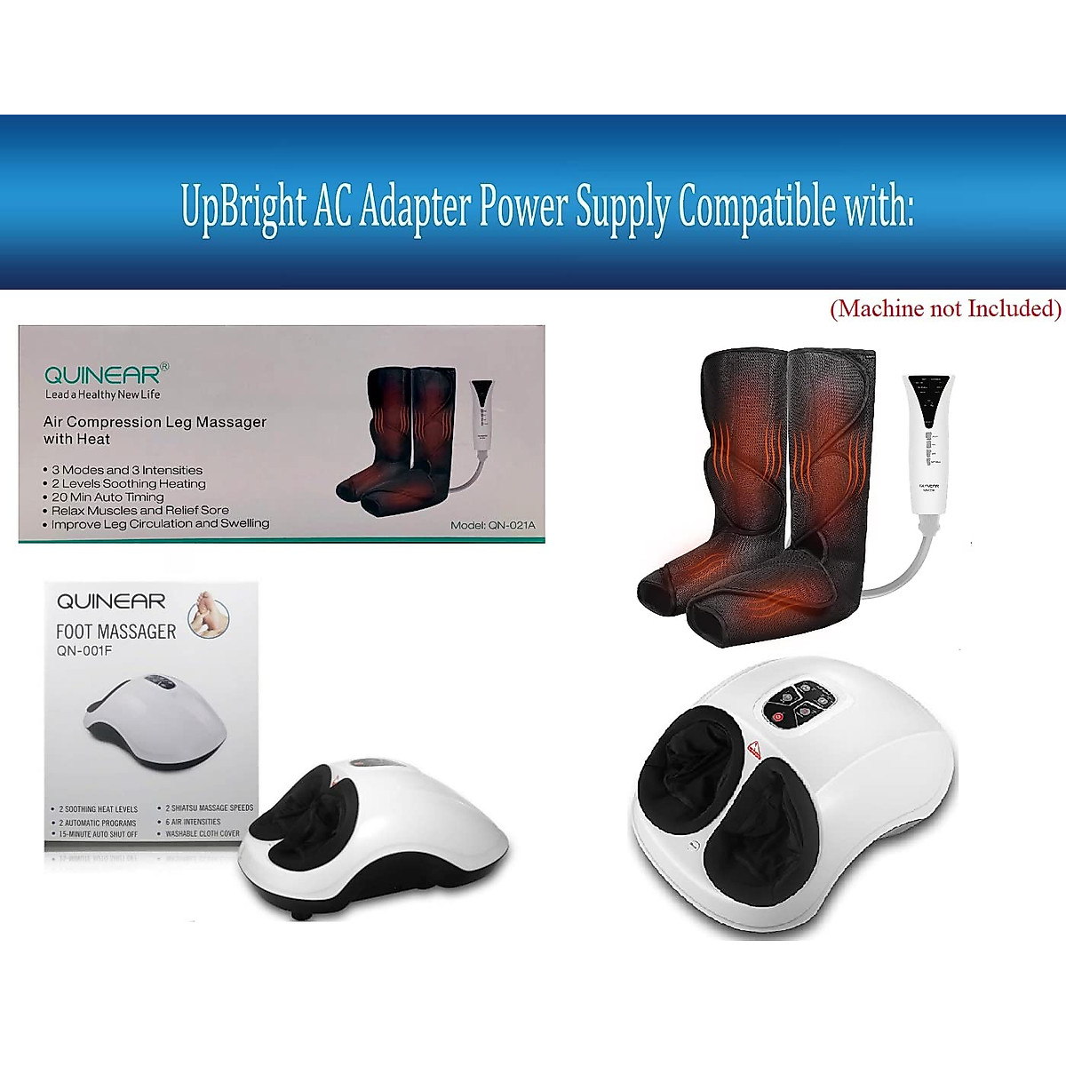 UpBright 12V AC/DC Adapter Compatible with QUINEAR QN-021A QN021A QN-001F Leg Massager with Heat Air Compression Massage for Foot Calf Helpful QN-070A QN-071A 12VDC 3A Power Supply Cord Cable Charger