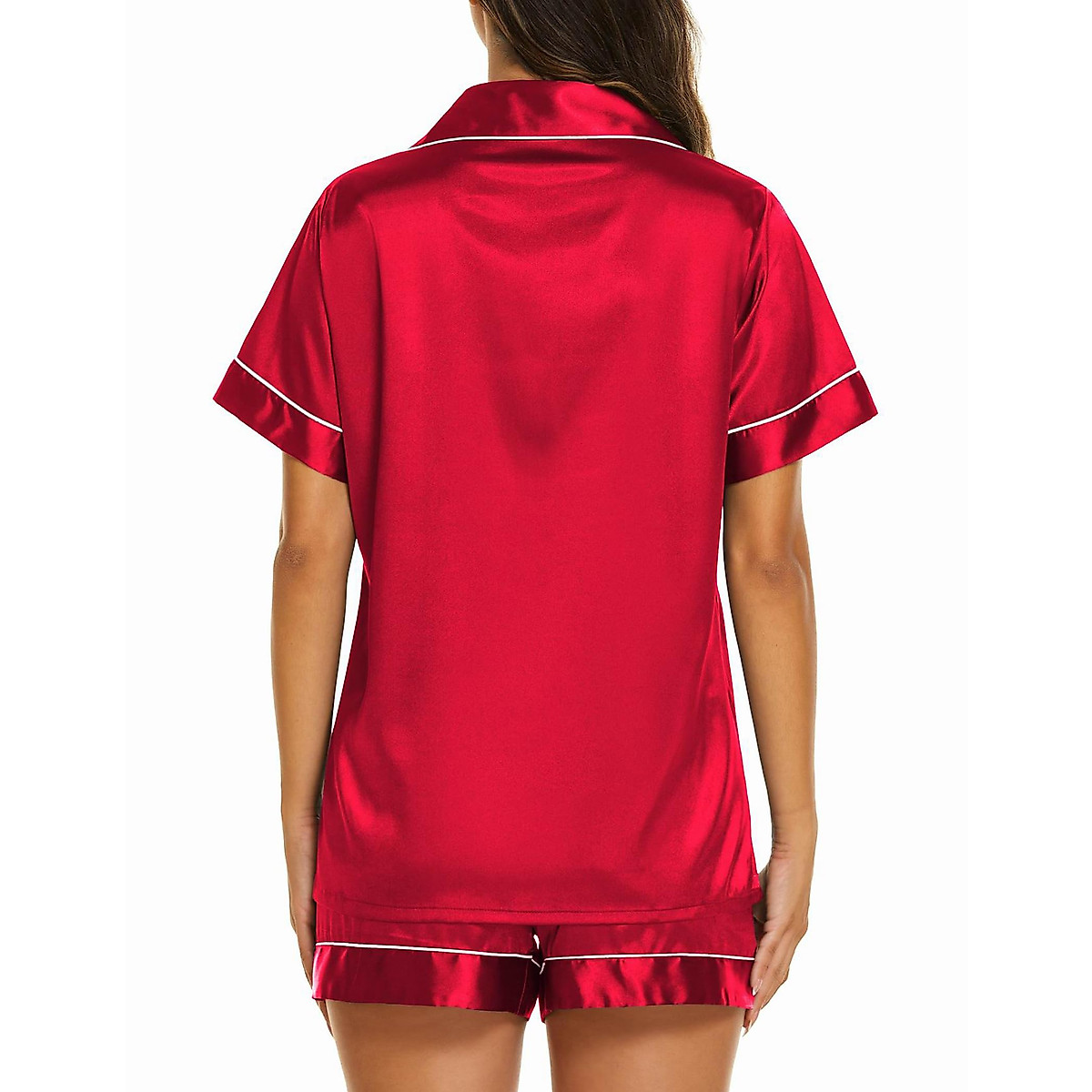 Ekouaer Pajama Sets for Women Silk Button Up Sleepwear Satin Short Sleeve Pjs Top and Shorts 2 Piece Lounge Set,Red,Small