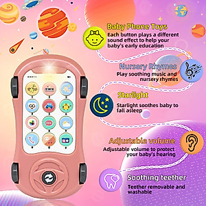 Lukax Baby Phone Toys for 1 2 3 Years Old Girl, Musical Car Toys with Star Projector, Toy Phone Baby Toys 18 Months+, Early Education Learning Toys Gift for Boys Toddlers Kids (Pink)