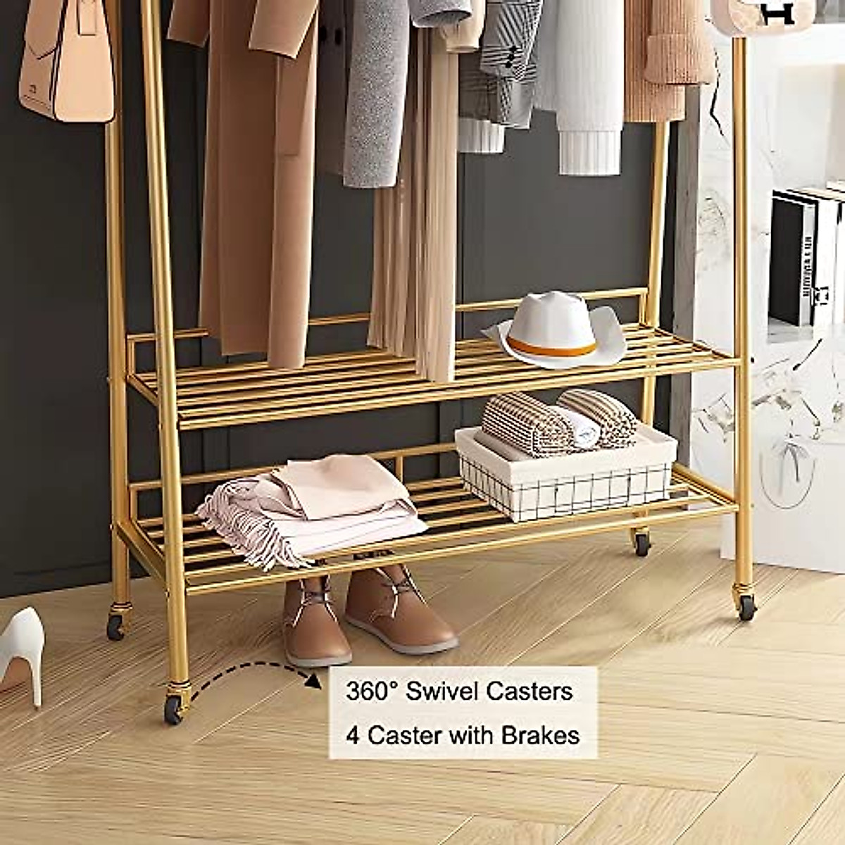 KaKaBB Gold Clothing Racks for Hanging Clothes, Heavy Duty Garment Rack, Rolling Clothes Rack with Storage Shelf on Wheels, Organizer Closet, Golden(31.5in)