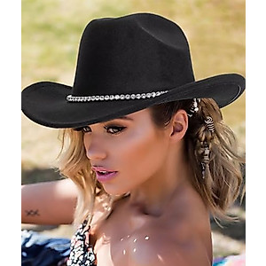 Women Sparkly-Rhinestone Western-Cowgirl-Hat Glitter-Bling Cowboy-Hat Felt-Rodeo-Hat for Disco-Party Medium/Large