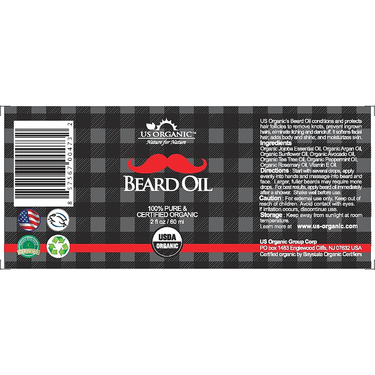 US Organic Beard Oil, 100% Pure, USDA Certified, Softens, shine, moisturizes, Amber Glass Bottle with Eye Dropper, 2 Ounce