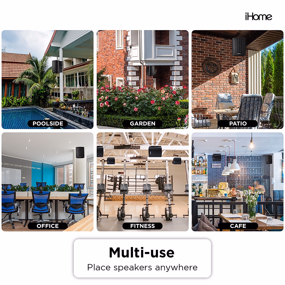 iHome IHSI-W525BT-PR-BLK Bluetooth 5.25" 150W Weatherproof Speakers, Indoor/Outdoor, Wall/Ceiling Mount, Surround Sound, Pair - for Home Parties