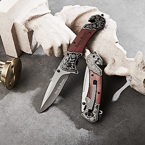 Personalized Engraved Pocket Folding Knife for Boyfriend Husband Dad Son - Valentines Birthday Christmas Anniversary Fathers Day Graduation Gift - Custom Men Fishing Hunting Knives with Wood Box