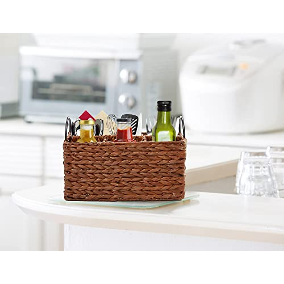 Americanflat Water Hyacinth Basket with Handles - Multipurpose Storage Organizer Caddy - 1 Large and 3 Small Compartments (Walnut Color)