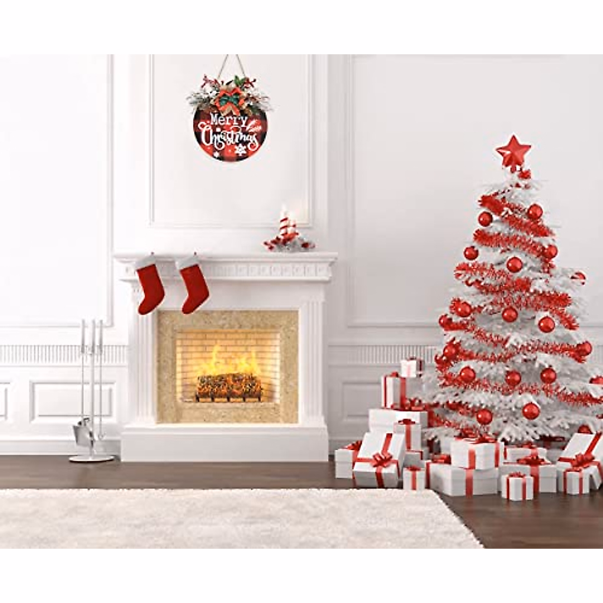 NAZADU Merry Christmas Sign Christmas Red Buffalo Plaid Welcome Sign For Front Door Christmas Decoration Hanging Farmhouse Porch Christmas Outdoor Christmas Decor Round Wood Sign,Red,12 inches