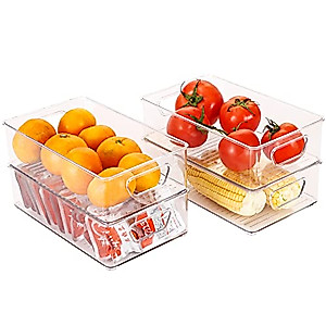 Cq acrylic Set of 4 Refrigerator Organizer Bins Stackable Plastic Clear Food Storage Bin with Handles for Pantry, Freezer, Fridge, Cabinet, Kitchen Countertops BPA Free