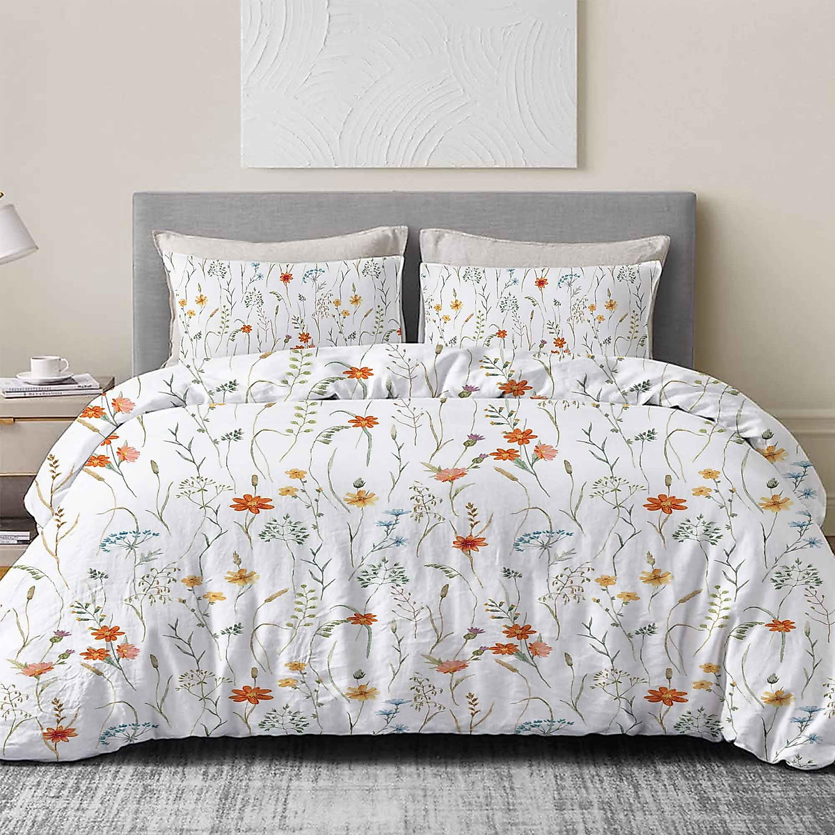 MULLEPP White Floral Duvet Cover Queen Size 3 Piece Farmhouse Yellow Botanical Flowers Leaf Pattern Microfiber Bedding Comforter Cover Set, Soft and Lightweight Quilt Cover for All Season