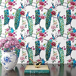 ReWallpaper Vintage Peal and Stick Peacock Wallpaper Blue/Green/Teal Flower Tree Wall Paper Self Adhesive 17.5in X 10ft Removable Wallpaper Peel and Stick Contact Paper Wall Mural for Bathroom Bedroom