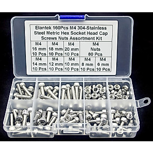 Elantek 160Pcs Metric M4 304-Stainless Steel Hex Socket Head Cap Screws Nuts Assortment Kit- M4 x 6mm/ 8mm/ 10mm/ 12mm/ 14mm/ 16mm/ 18mm/ 20mm