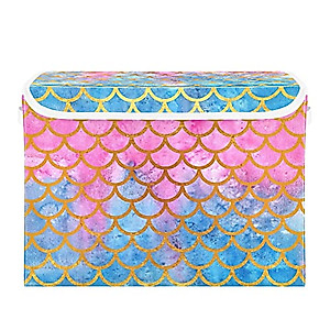 Krafig Watercolor Fish Mermaid Scale Foldable Storage Box Large Cube Organizer Bins Containers Baskets with Lids Handles for Closet Organization, Shelves, Clothes, Toys