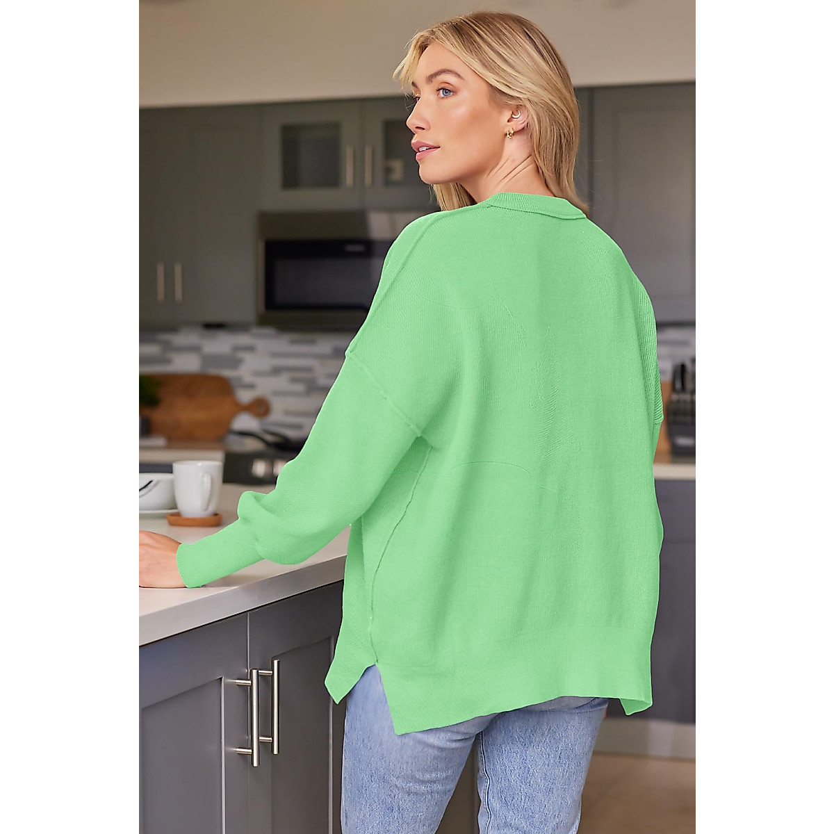 LILLUSORY Women's Oversized Batwing Sweaters 2024 Fall Outfits Crewneck Ribbed Knit Side Slit Trendy Pullover Tops LightGreen L