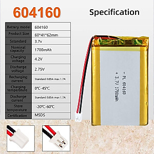 AKZYTUE 3.7V 1700mAh 604160 Lipo Battery Rechargeable Lithium Polymer ion Battery Pack with JST Connector