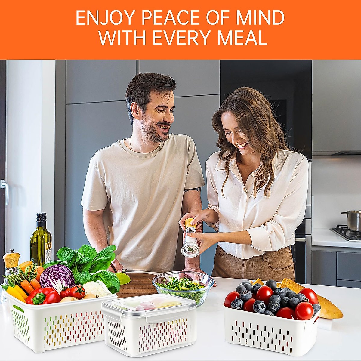 10 PCS Fruit Storage Containers for Fridge with Removable Colander, All-In-One Vegetable Berry Storage Containers for Washing, Draining, Freshness, the Largest Size with Handles