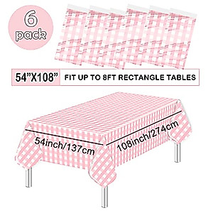 HEIPINIUYE 6 Pack Pink Gingham Disposable Tablecloths 54 x 108 White and Pink Plastic Checkered Table Cloth Pink Paper Tablecloth for Picnic Wedding Baby Shower Birthday Pink Gingham Table Cover