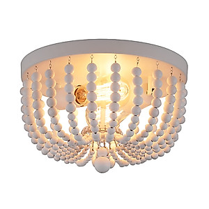 Q&S White Flush Mount Ceiling Light Fixtures,2-Lights Wood Beaded Boho Chandeliers for Nursery Baby Bedroom Dining Room Living Room Kitchen Hallway W11.81