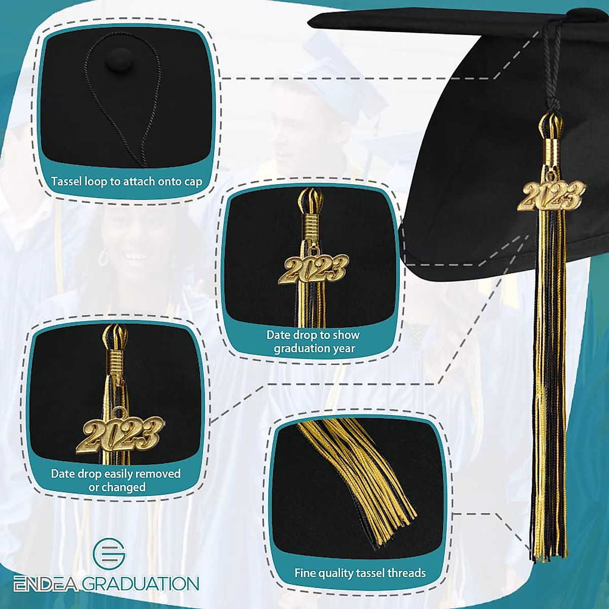 Endea Graduation Mixed Double Color Tassel with Gold Date Drop (Black/Gold, 2023)