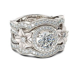 SixTwo 18K Gold Shiny Diamond Ring 3D Flower Ring Set AAA Rount Cubic Zirconia Eternity Band Rings CZ Diamond 3 Pcs Ring Set Wedding Engagement Anniversary Promise Rings Bridal Sets (White Gold, 9)