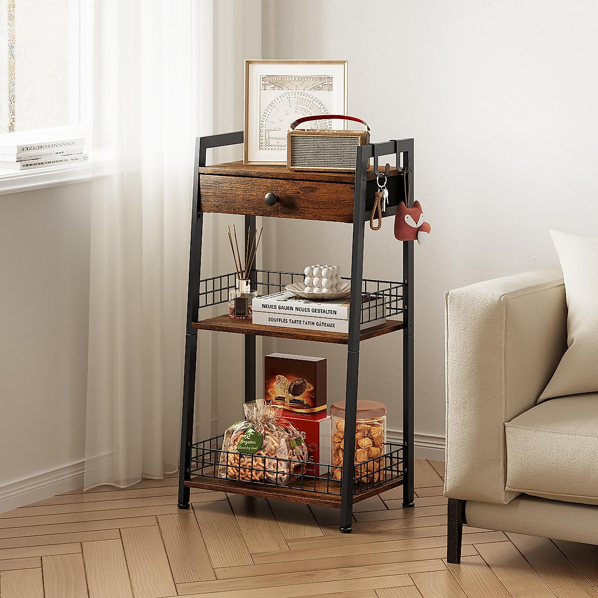 Gewudraw 3-Tier Bathroom Ladder Shelf with Drawer, Bathroom Floor Storage Shelf, Freestanding Tower Shelf Ladder Bookshelf for Living Room, Bathroom, Bedroom -Rustic Brown