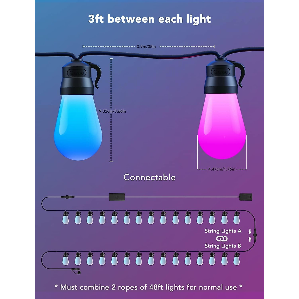 Govee Outdoor String Lights, 96ft RGBIC Outdoor Lights with 30 Dimmable IP65 Waterproof Warm White LED Bulbs, 2 Ropes of 48ft Smart Outdoor String Lights Work with Alexa for Dating, Party, Wedding