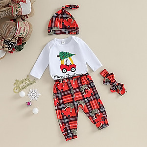 FYBITBO My First Christmas Baby Boy Girl Outfit Newborn Long Sleeve Bodysuit Romper Pants Set Fall Winter Clothes (White Merry Christmas Letter Print, 6-12 Months)