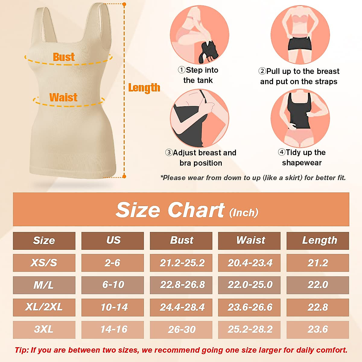 TDIFFUN Women's 3 Piece Shapewear Tank Tops Tummy Control Seamless Ribbed Square Neck Compression Body Shaper Top - Black White Nude M/L