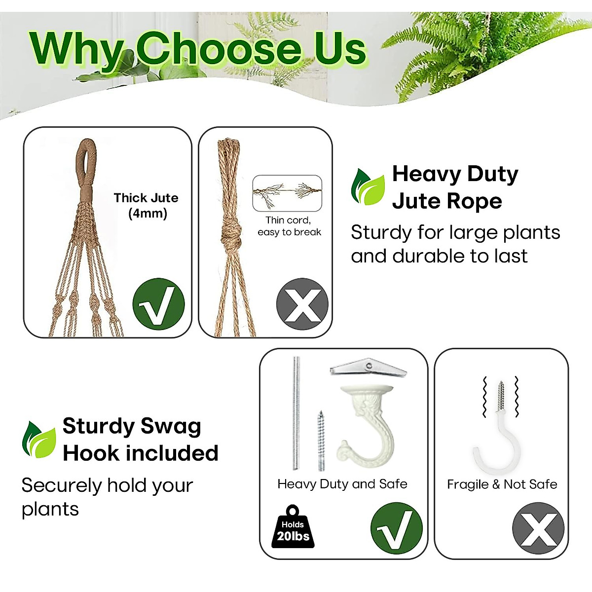 Shineloha 43 Inches Macrame Planter Hanger Large for 12 inch Pot + Swag Hook (Extra Long & Big) | No Tassel, Cotton Rope | Hanging Planter for Indoor Plants, NO Pot/Plant Included (Brown)…